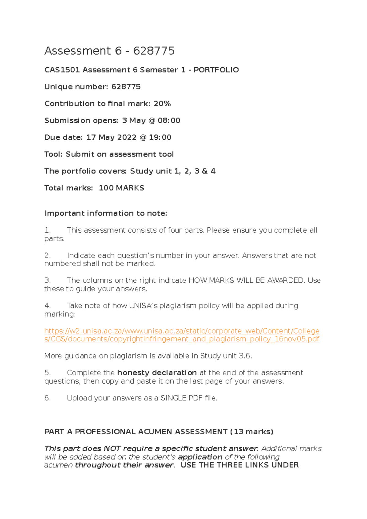 CAS1501 Assessment 6: Portfolio Submission Guidelines and Marking ...