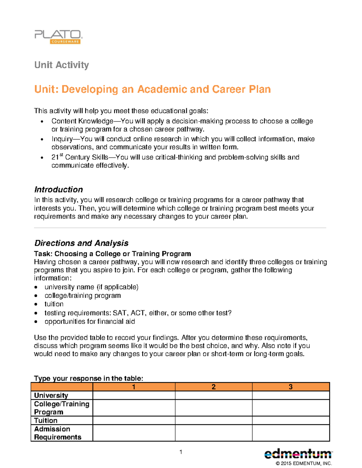 Developing an Academic and Career unit 2 9-10 - 1 © 2015 EDMENTUM, INC ...