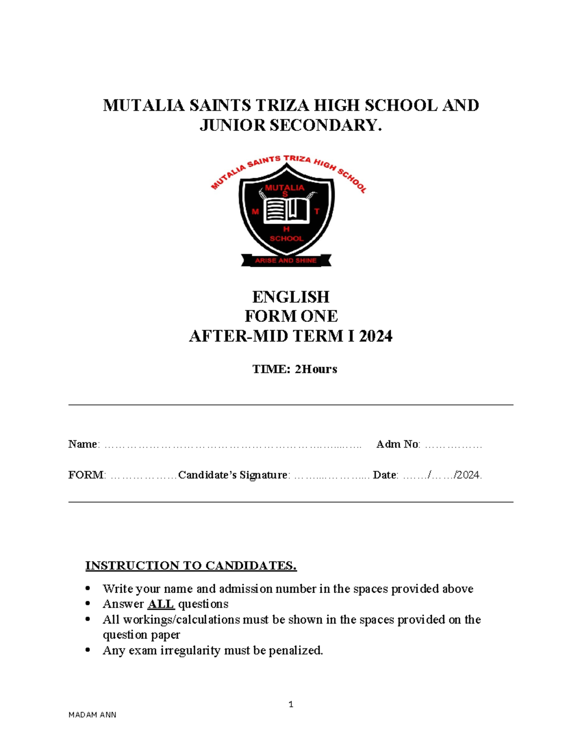 English FORM 1 MID TERM I 2024 Examination Paper - Studocu