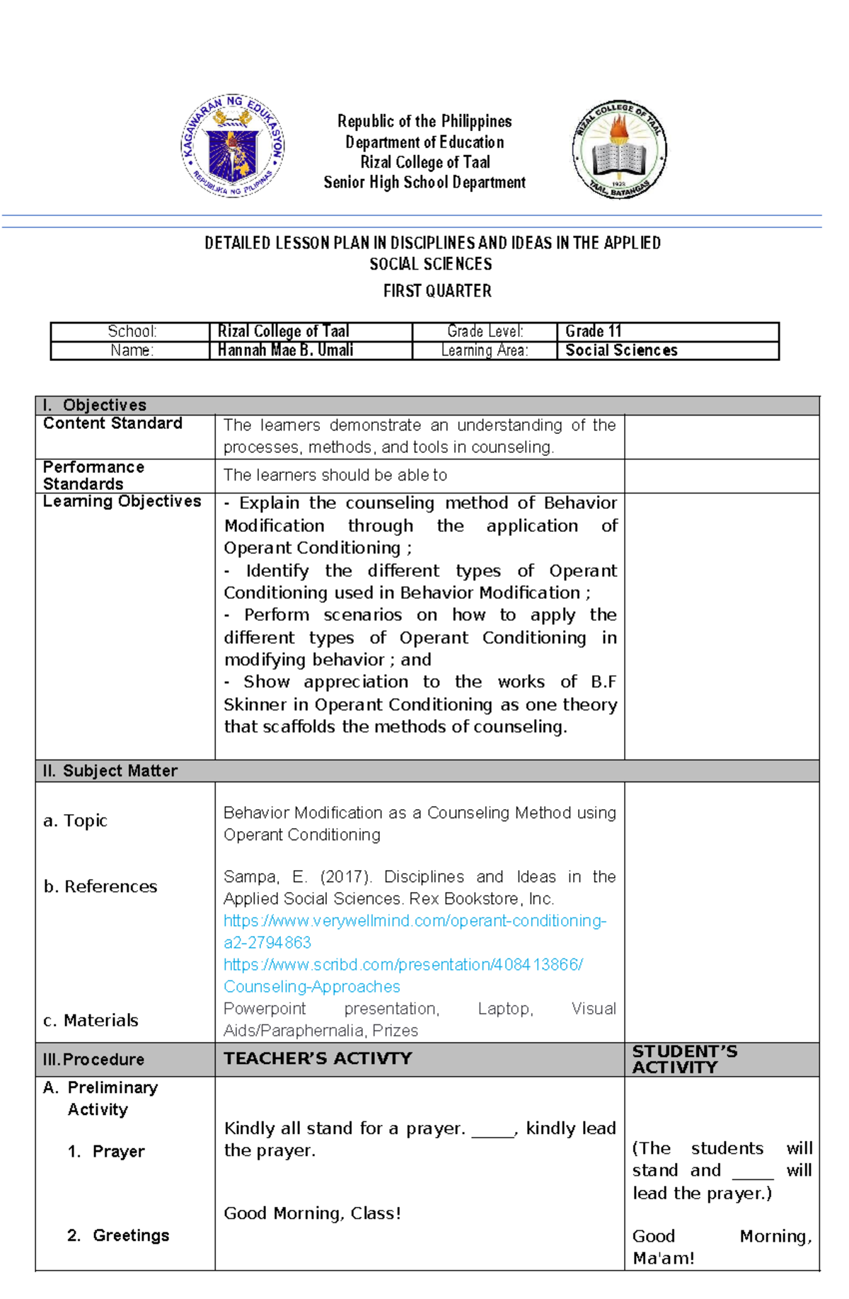 Detailed Lesson Plan: Operant Conditioning in Counseling (DLP 11) - Studocu