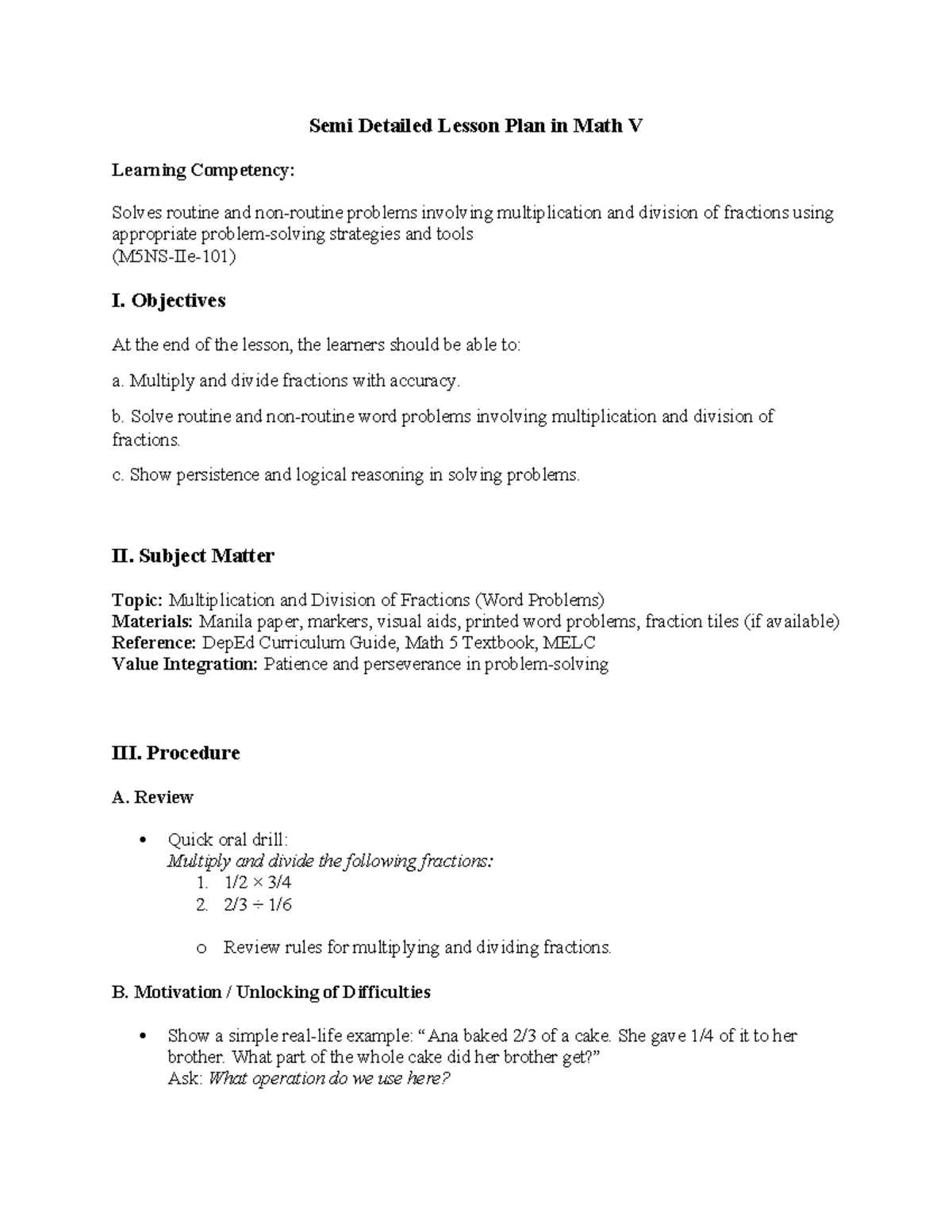 Semi Detailed Lesson Plan in Math V - Semi Detailed Lesson Plan in Math ...