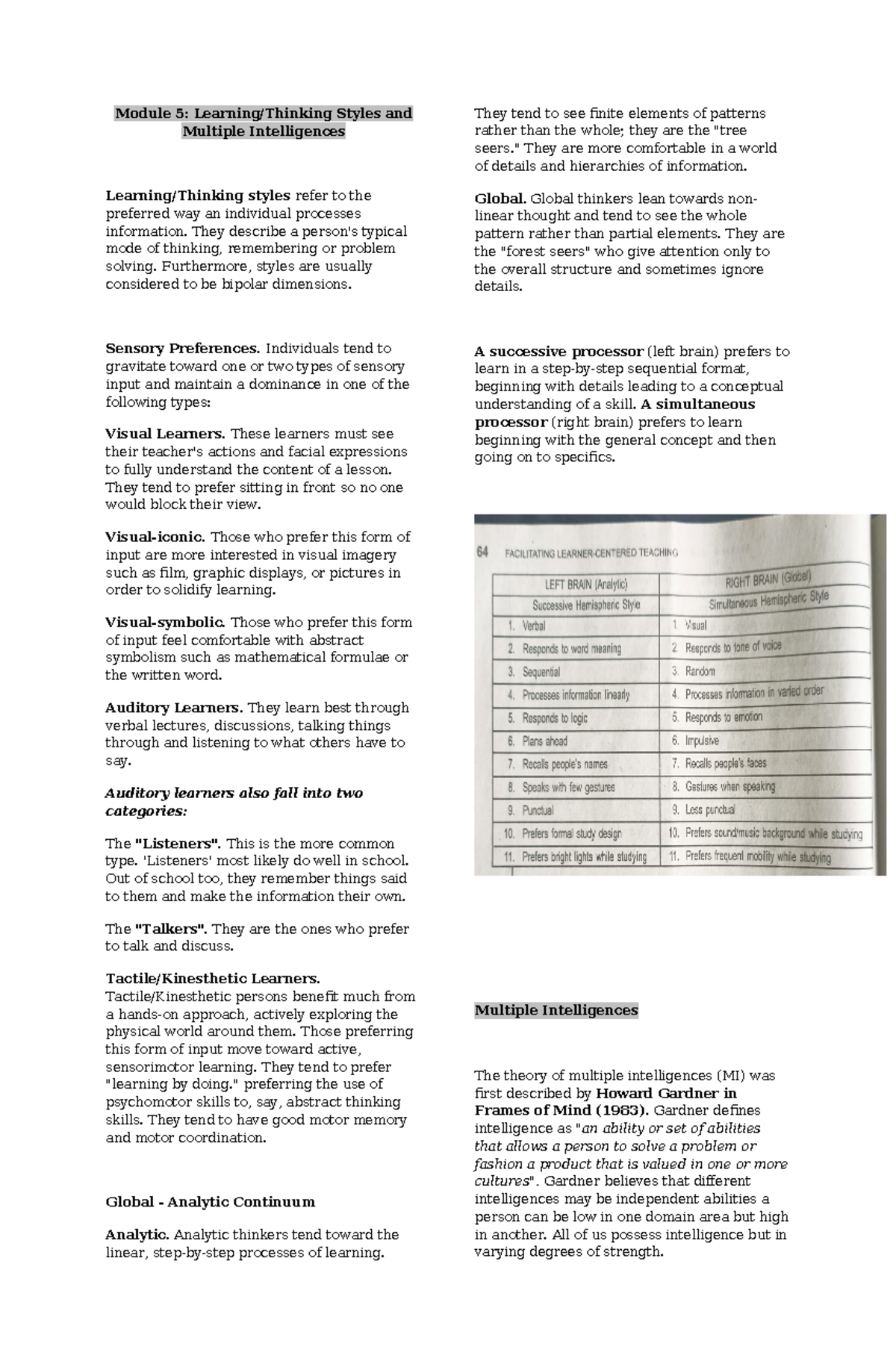 Module 5 & 6: Styles, Intelligences, and Exceptional Learners Review - Studocu