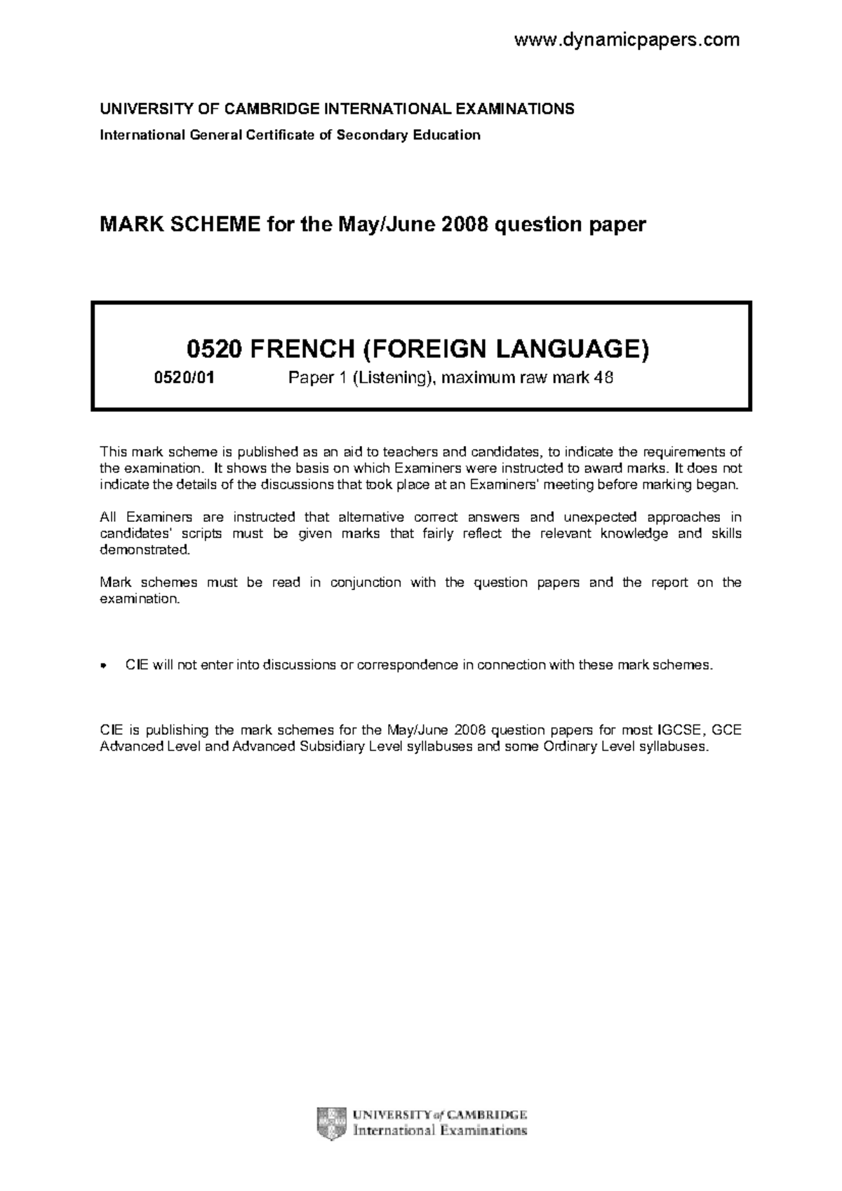 0520 s08 ms 1 - French igcse mark scheme - UNIVERSITY OF CAMBRIDGE ...