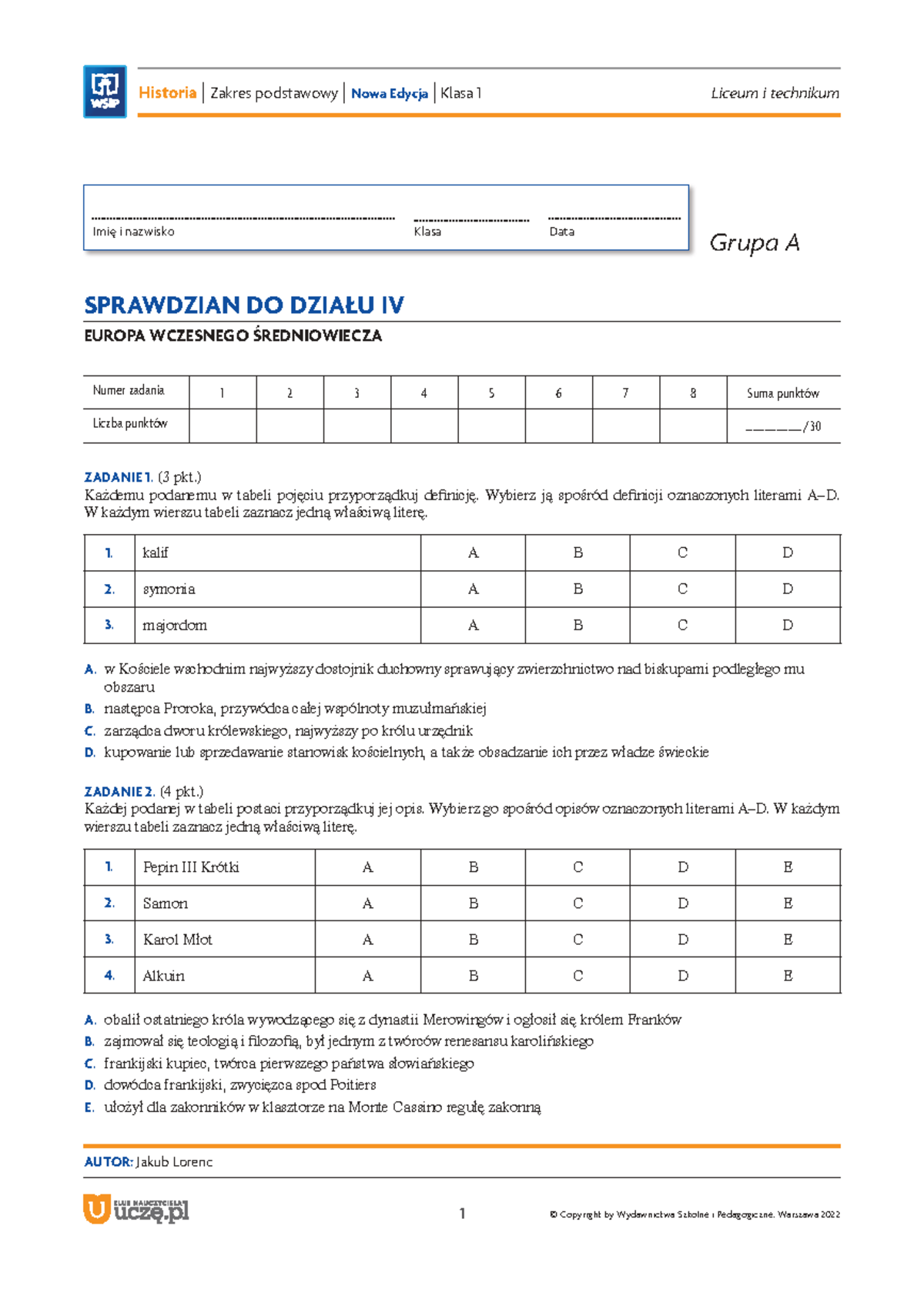Hist SPP ZP Historia kl 1 Sprawdzian Dział IV: Europa wczesnego ...