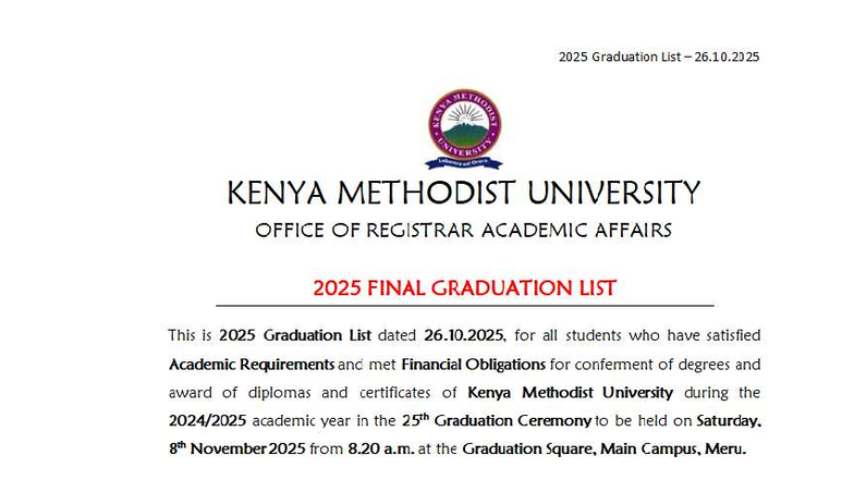 2025 Graduation List for Kenya Methodist University - 26.10.2025 - Studocu