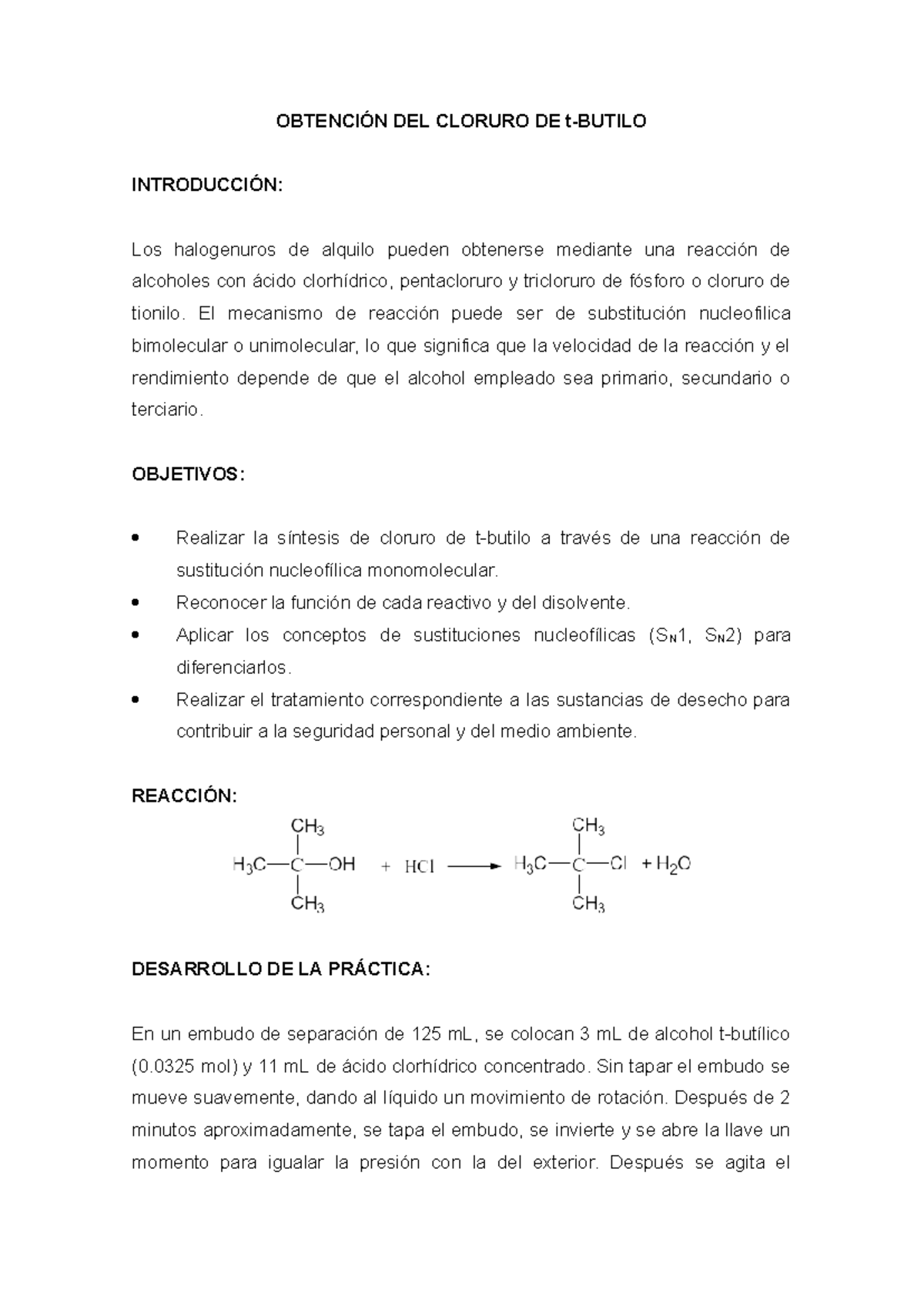 Síntesis y Obtención del Cloruro de t-Butilo y 2-Metilpropeno - Studocu