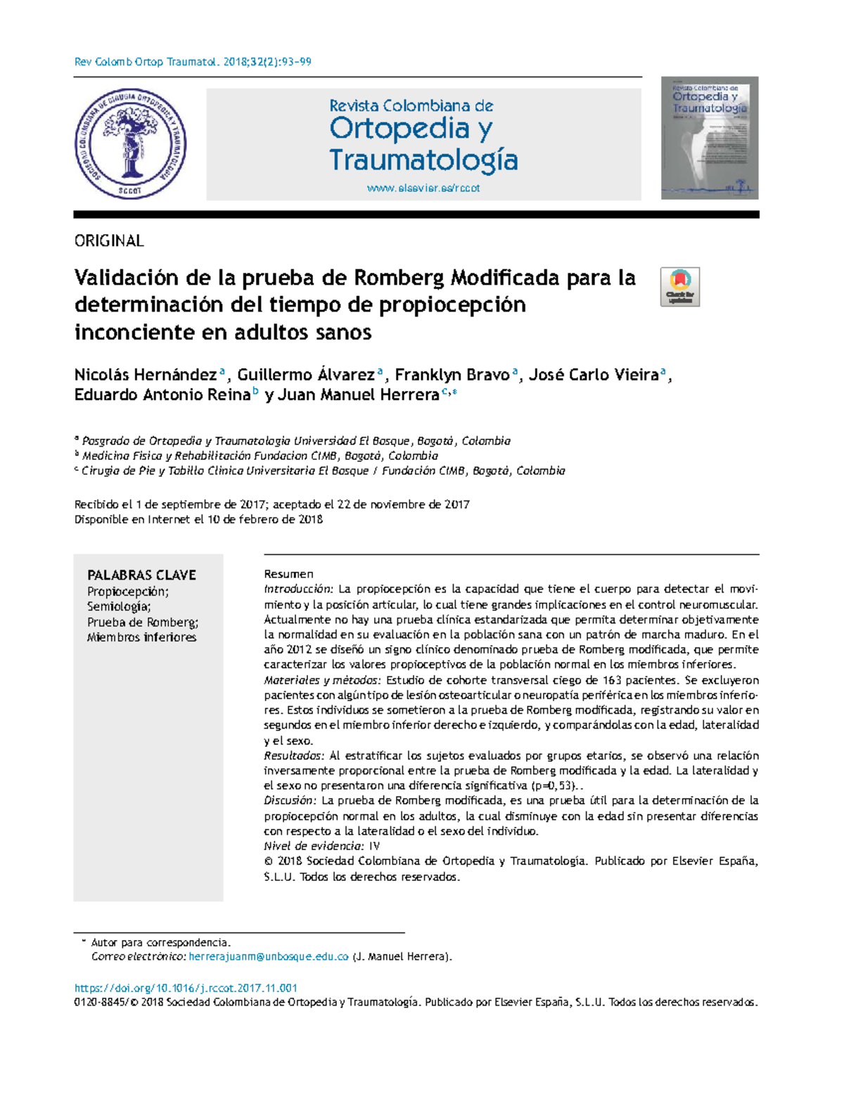 Validación de la Prueba de Romberg Modificada en Adultos Sanos - Studocu