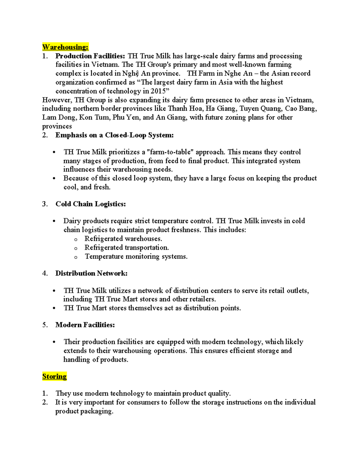 Stocking points - không có - Warehousing: 1. Production Facilities: TH ...
