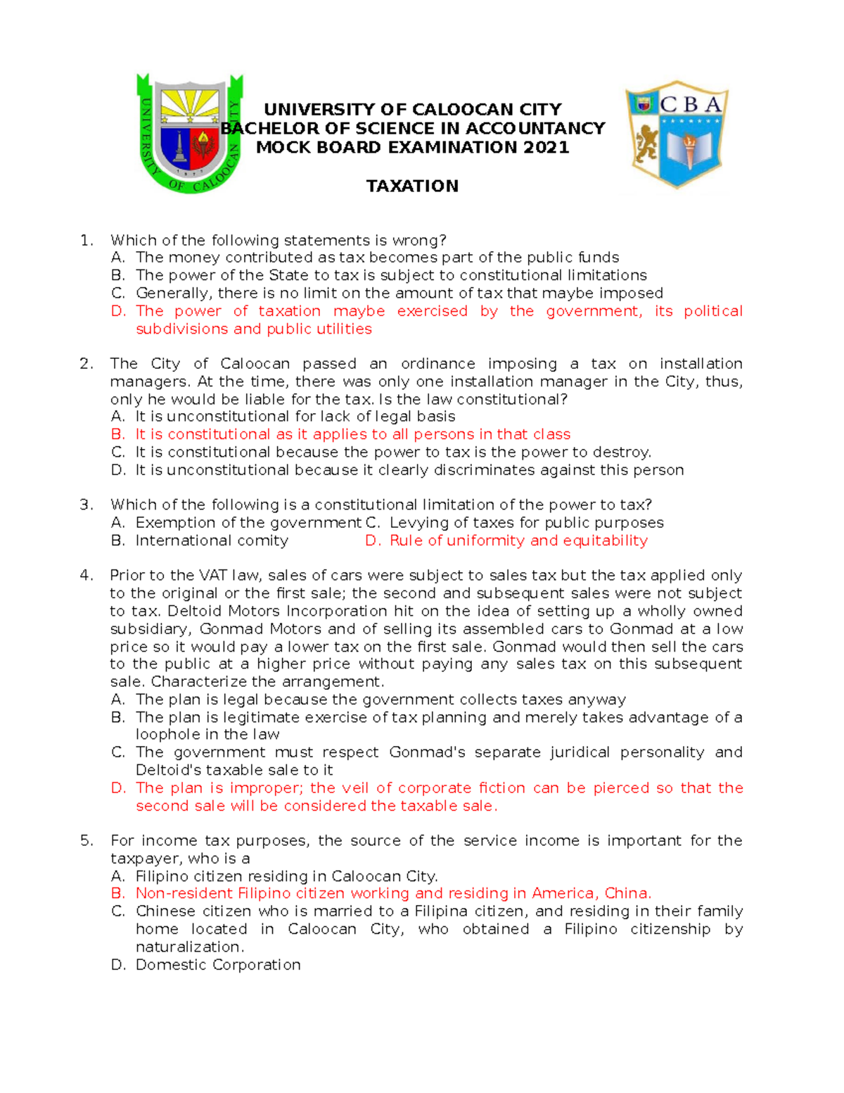 UCC Mock Board Exam 2021: Key Topics in Taxation Reviews - Studocu