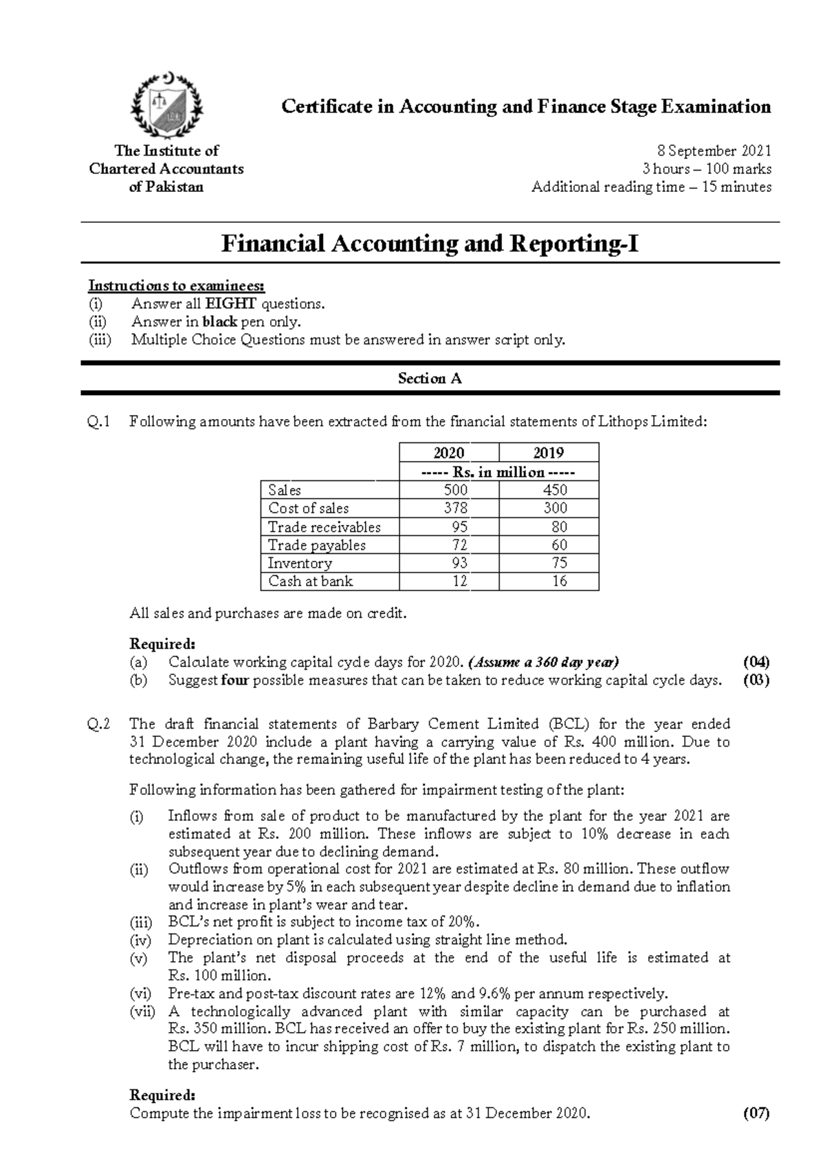 Financial Accounting and Reporting-I: Past Exam Paper CAF 1 FAR1 Aut ...