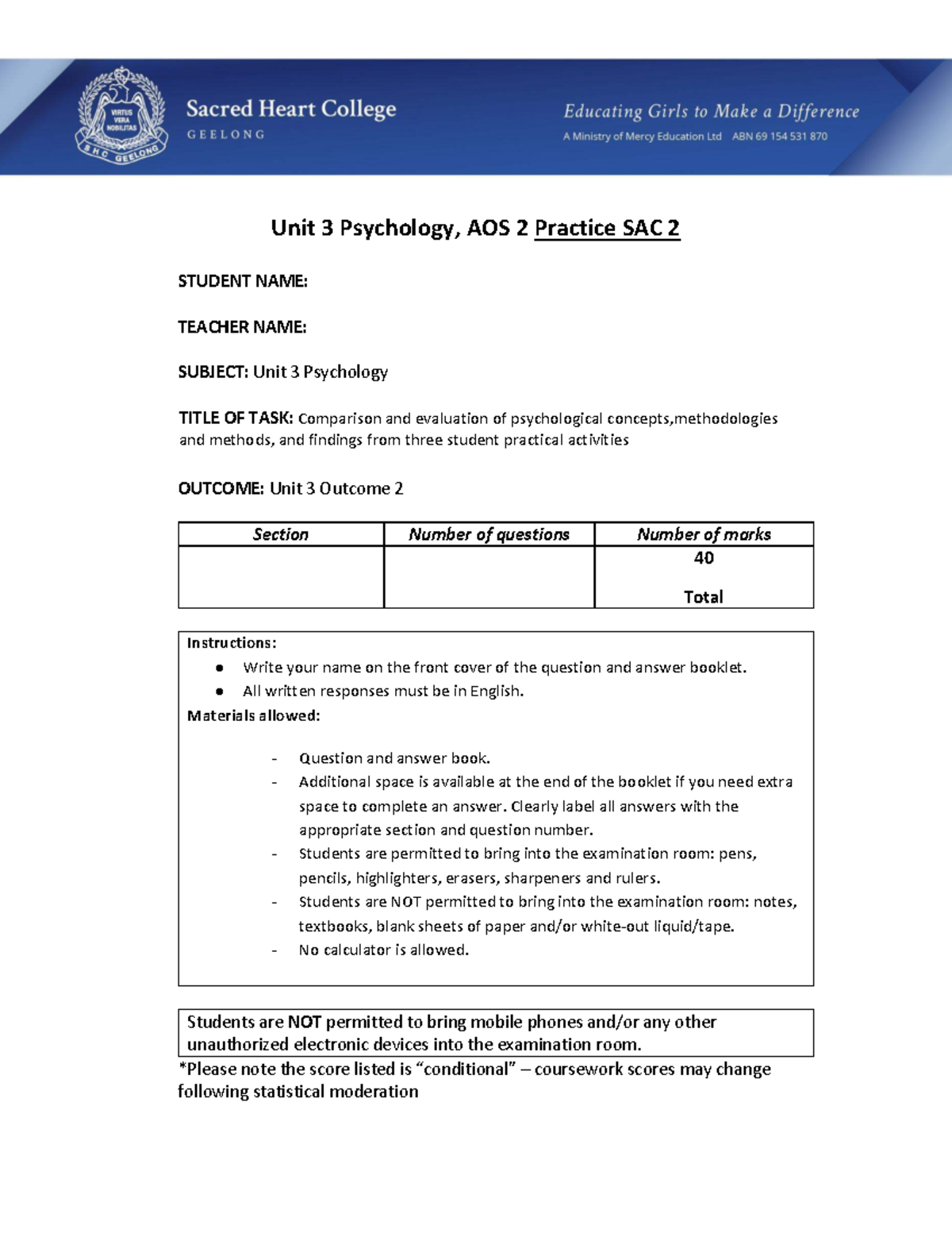 Unit 3 Psychology AOS 2: Practice SAC 2 - Concepts & Methodologies ...