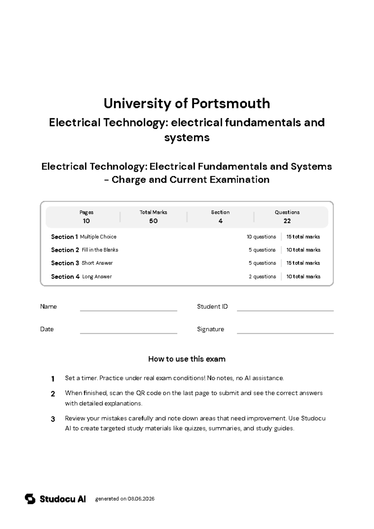 Electrical Technology: Charge and Current Exam - Studocu