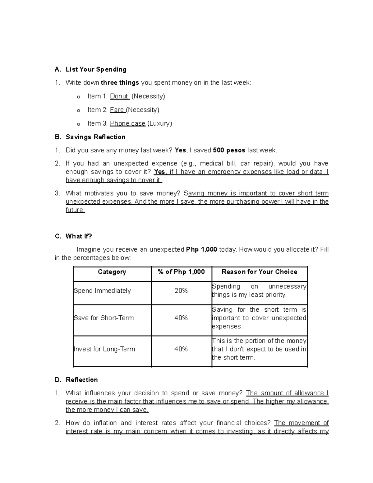 ECON 55A Macroeconomics Assignment - A. List Your Spending Write down ...