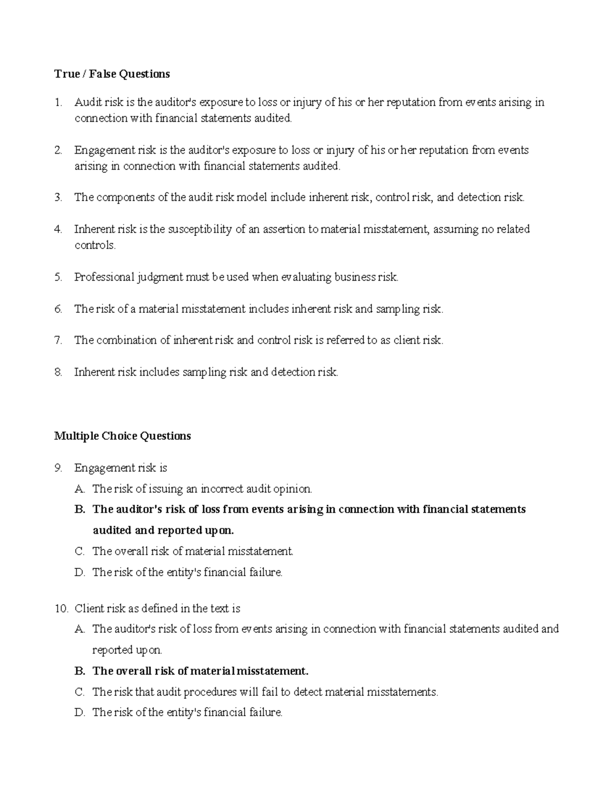 AUD 101 - True/False & Multiple Choice Questions Practice Set - Studocu
