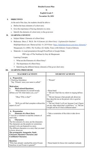 Detailed Lesson Plan In English Grade 9 Michelle Lesson