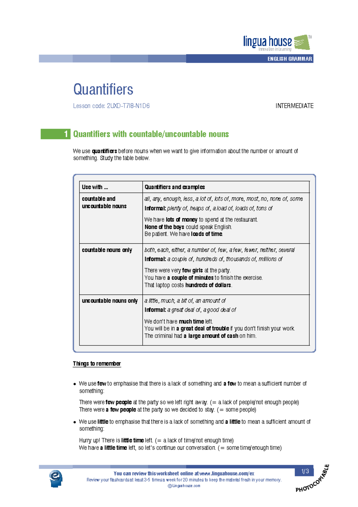Quantifiers Lesson: Intermediate 1 English Grammar (TM) - Studocu