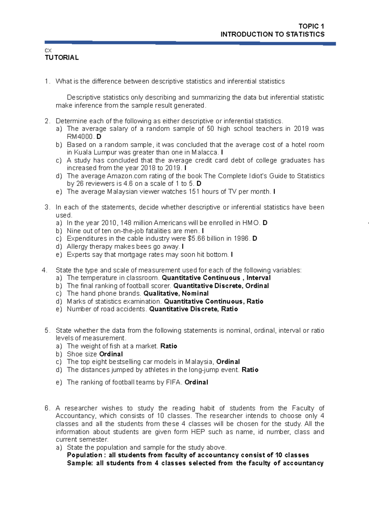 Tutorial Topic 1 question - TOPIC 1 INTRODUCTION TO STATISTICS cx ...