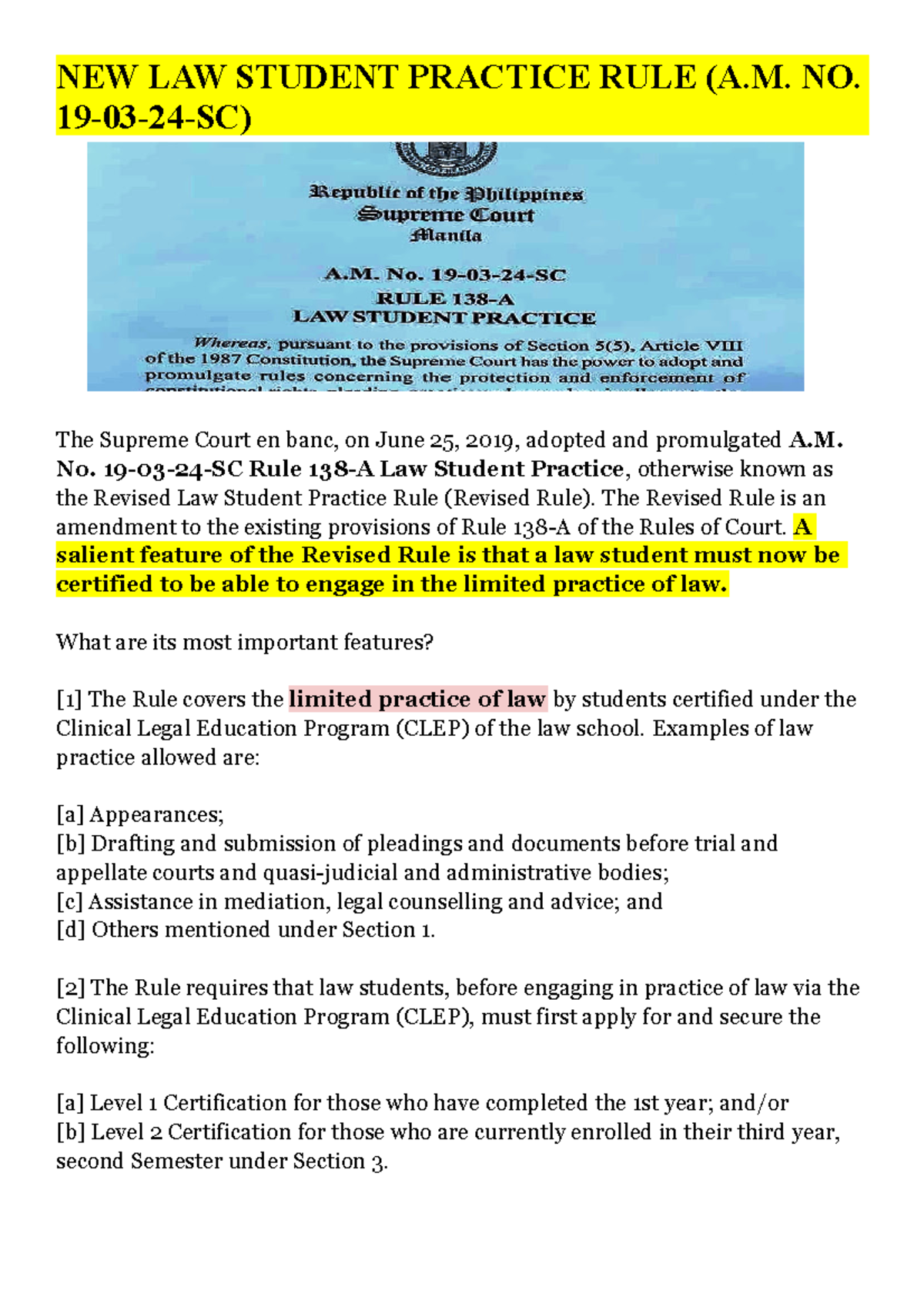 Revised Law Student Practice Rule (A.M. No. 19-03-24-SC) Overview - Studocu