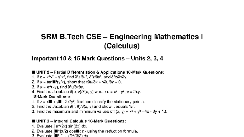 SRM B.Tech CSE Engineering Mathematics I (Calculus) Key Questions Units ...