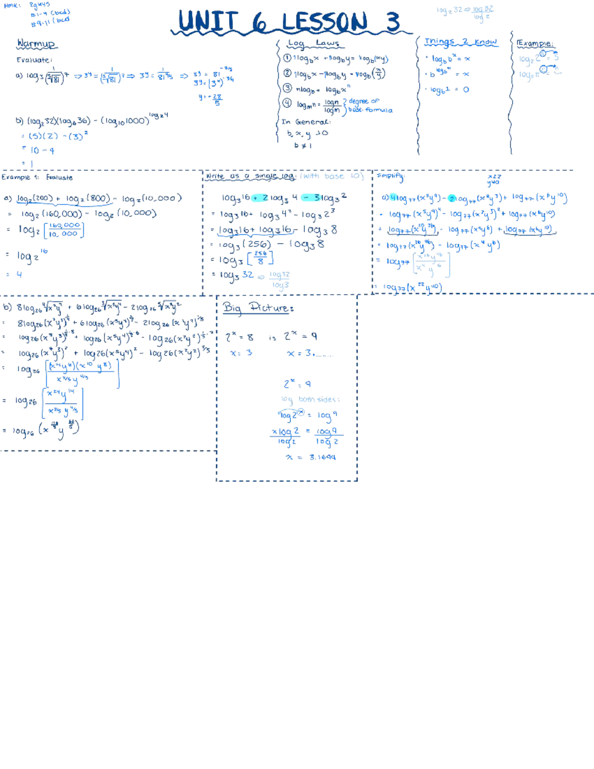 HMK: Rg445 Unit 6 Lesson 3 Logarithm Evaluations and Laws - Studocu