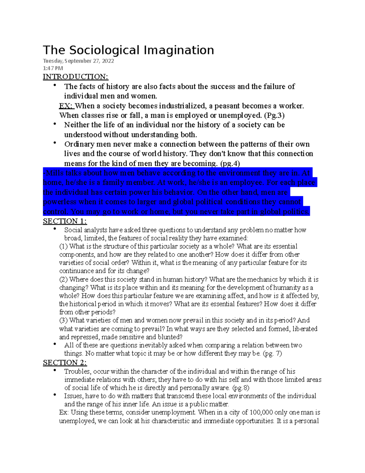 Sociological Imagination: Reading Notes for Soc 101 Course - Studocu