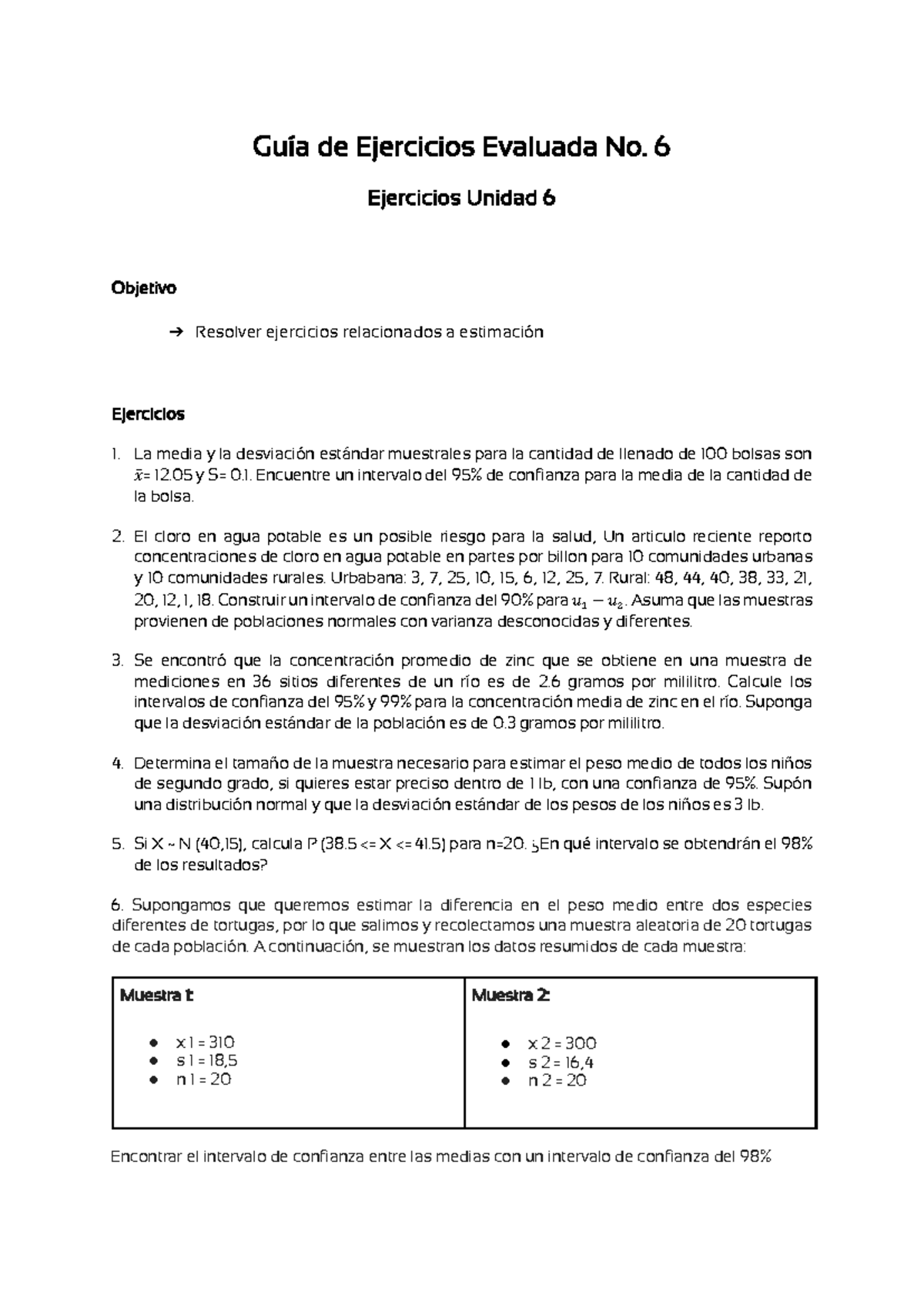 Guia de Ejercicios Evaluada No. 6 - 6 Ejercicios Unidad 6 Objetivo ...