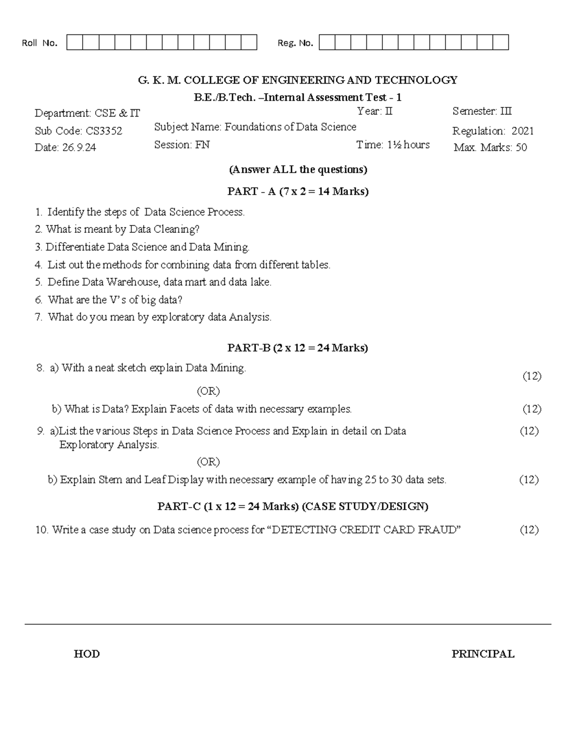 CS3352 FDS IAT-1 Question Paper Set B - Studocu