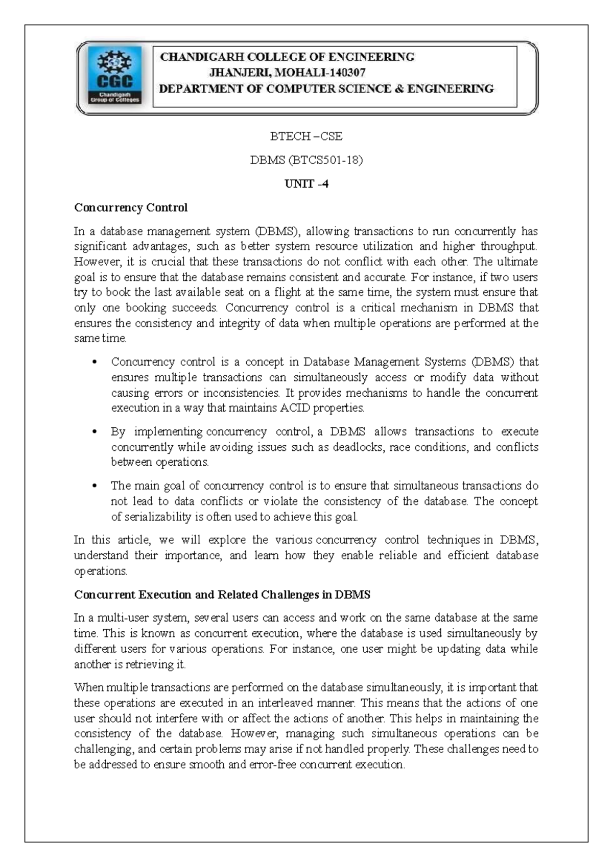 BTECH DBMS UNIT: Concurrency Control Techniques and Challenges - Studocu