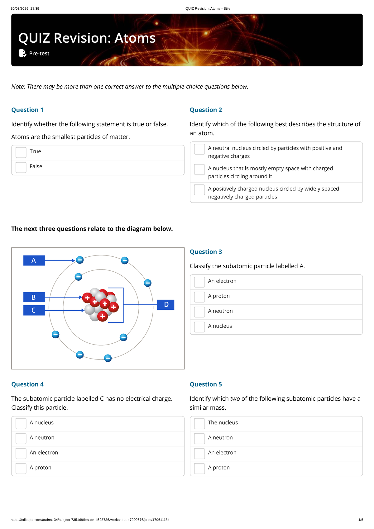 Quiz Revision: Atoms - Science Quiz - Studocu