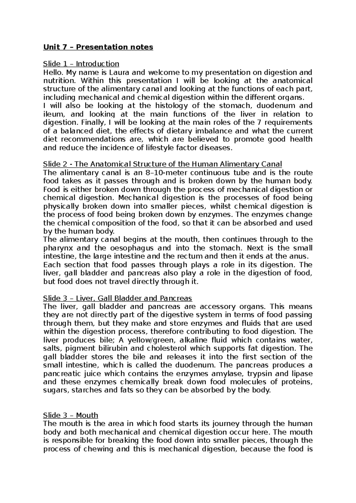 Unit 7 - Digestion and Nutrition Presentation Notes - Studocu