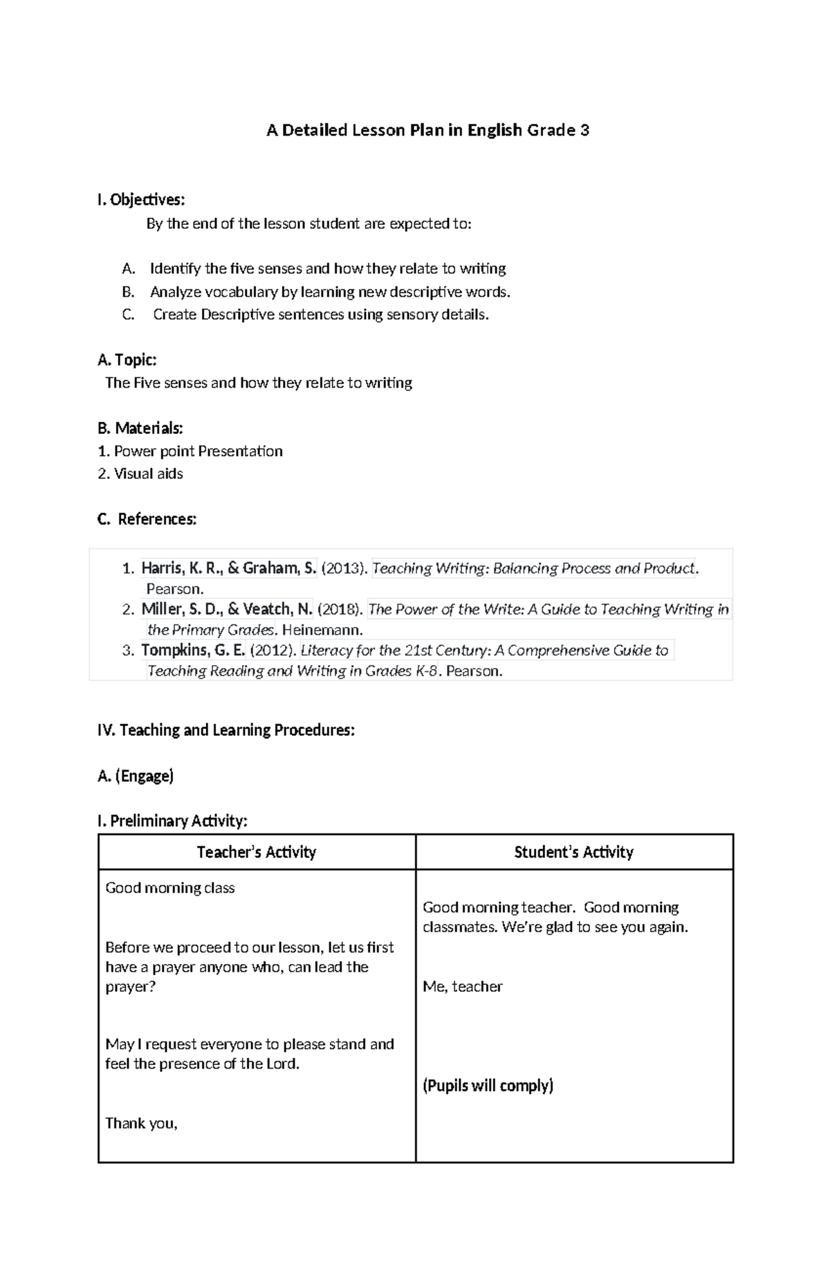 112lp - Detailed Lesson Plan on the Five Senses for Grade 3 - Studocu