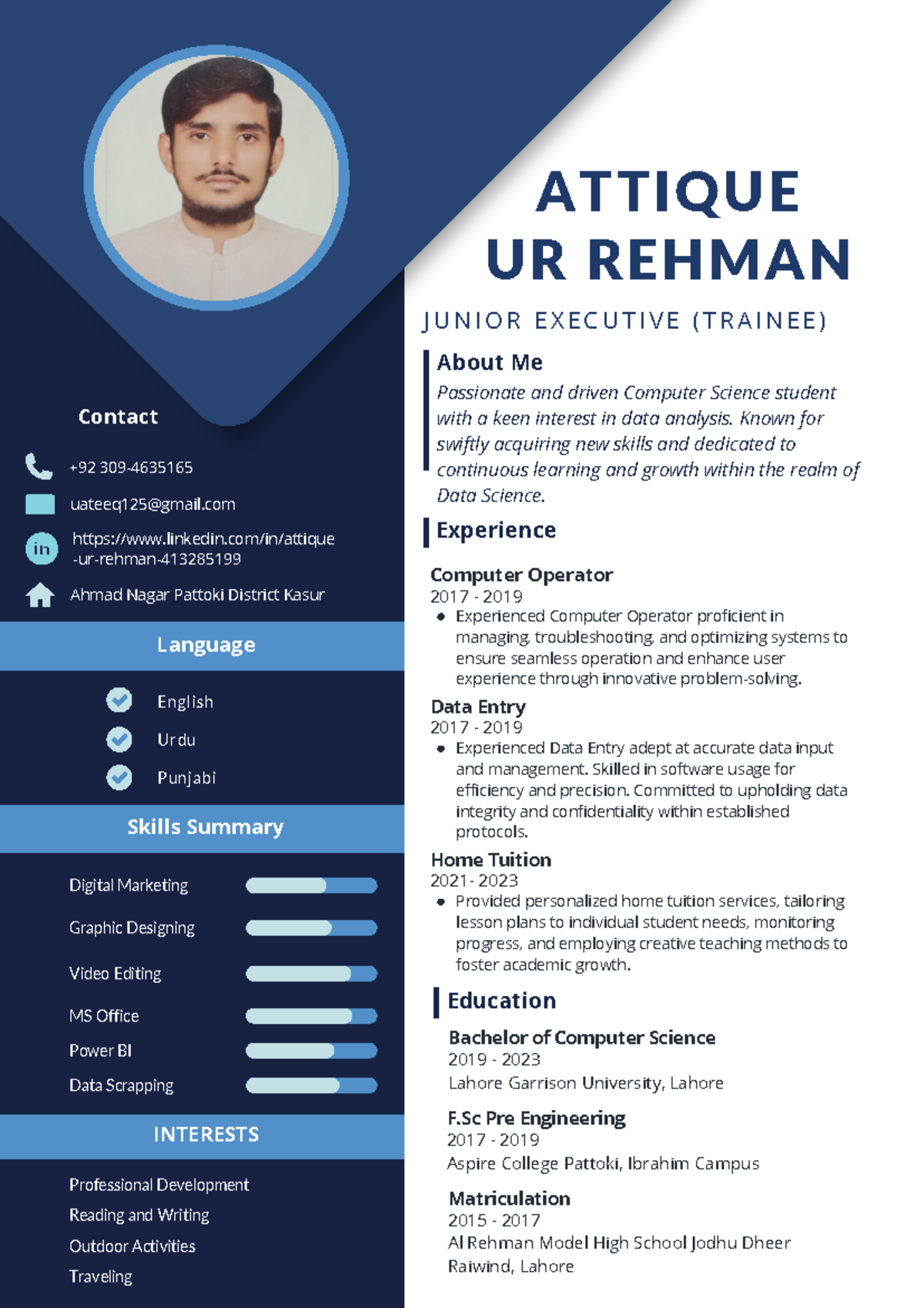 Blue Modern Resume - PMM: Data Science & CS Student Profile - Studocu
