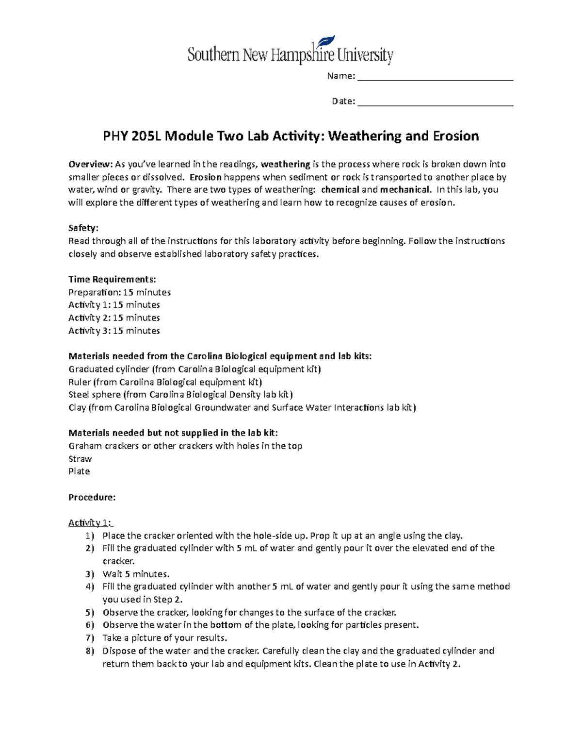 PHY 205L M2 Weathering & Erosion Lab: Methods & Observations - Studocu