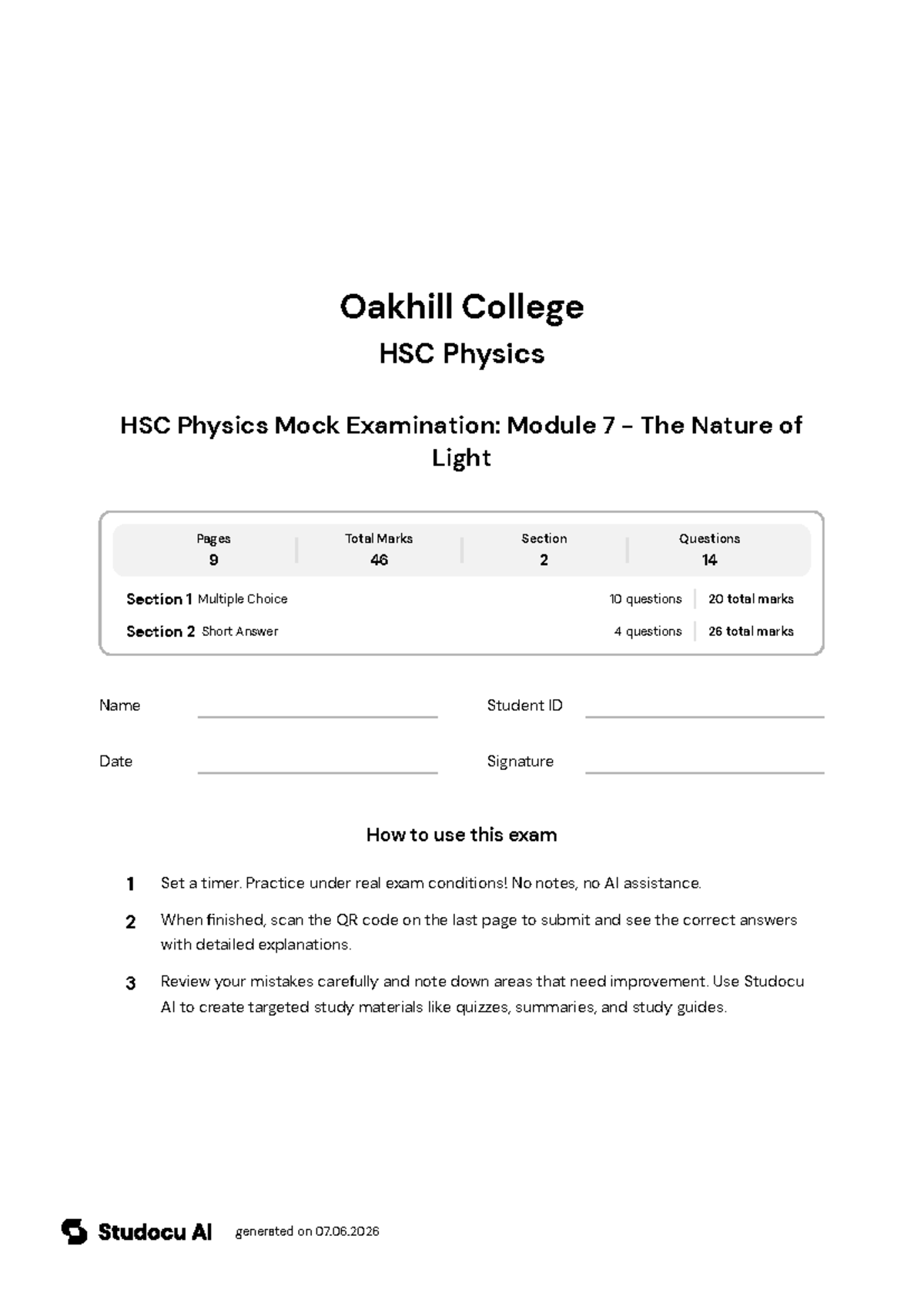 HSC Physics Mock Exam: Module 7 - The Nature of Light - Studocu