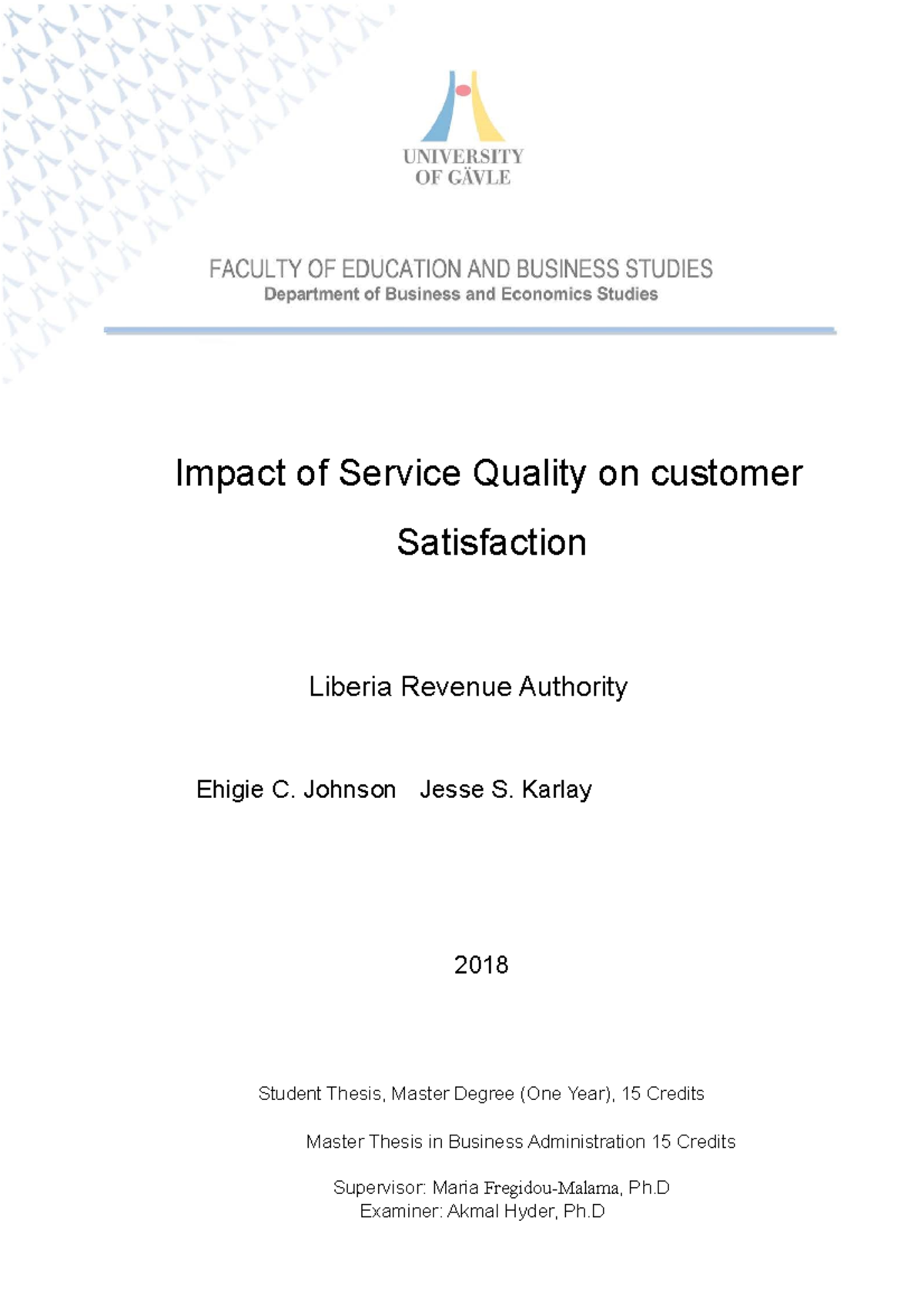 Master Thesis: Impact of Service Quality on Customer Satisfaction (MBA ...