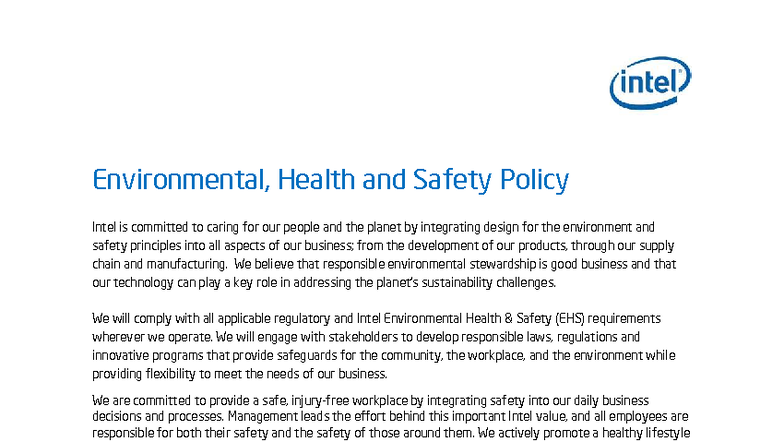 EHS Policy Overview: Intel's Commitment to Sustainability and Safety ...