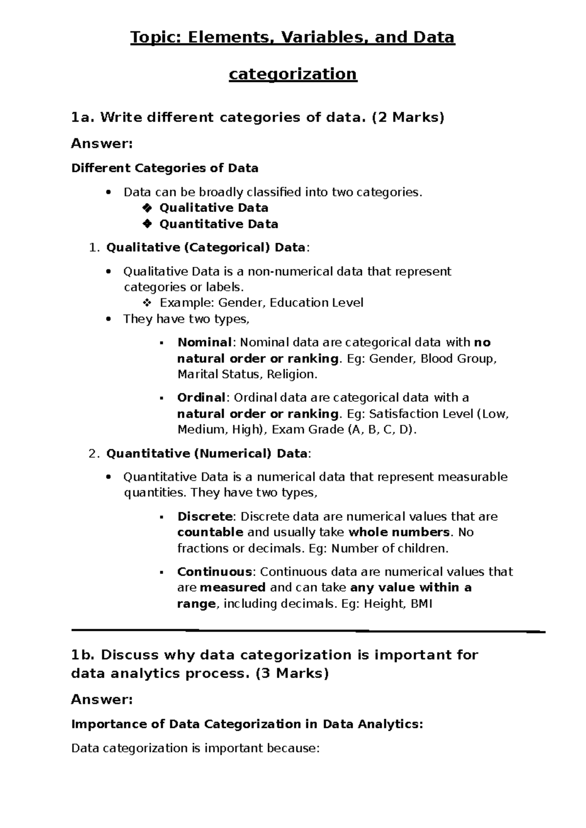 Unit I Analysis Techniques Question Bank: Data Categorization and ...
