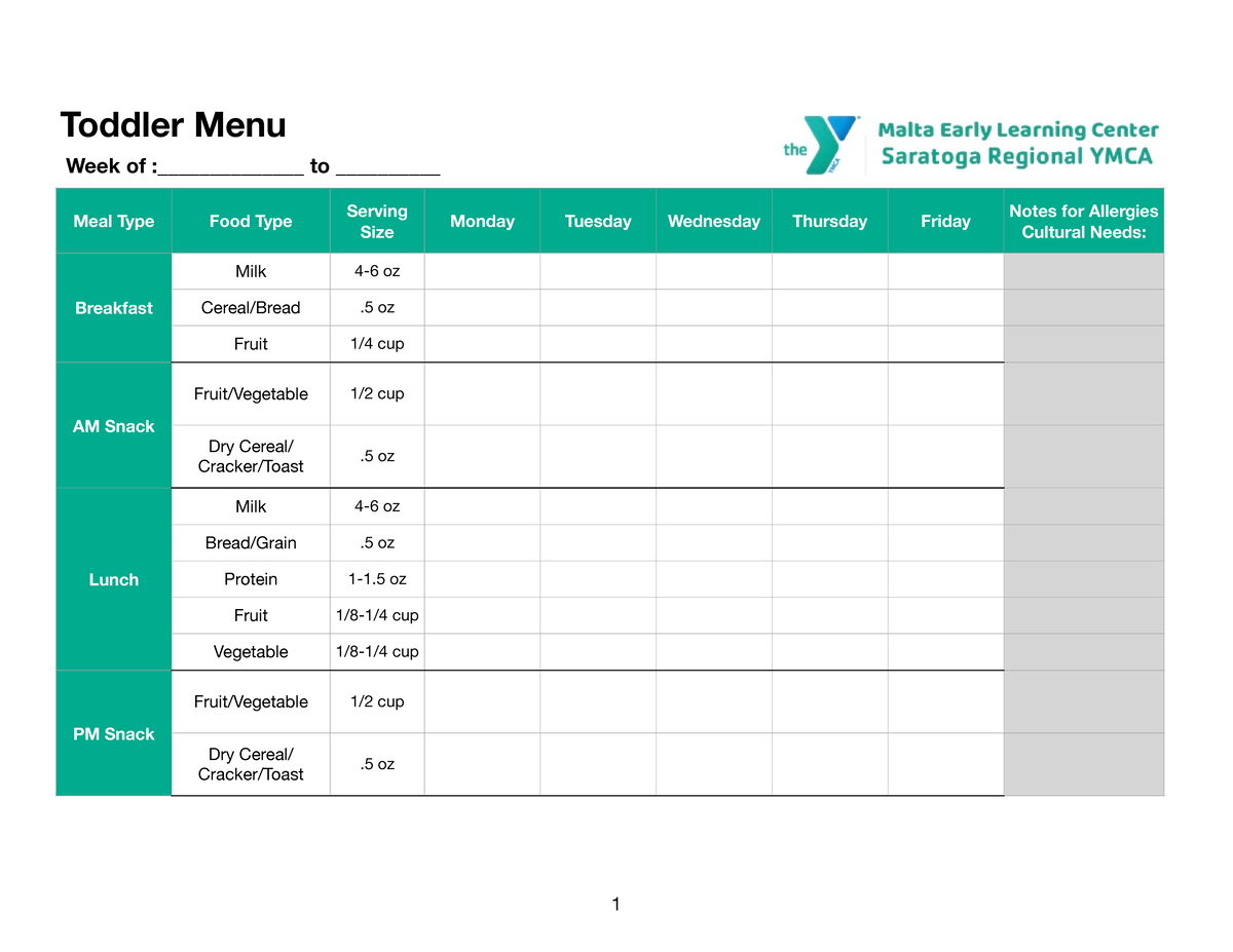 Toddler Meal Plan - Weekly Menu - Meal Type Food Type Serving Size ...
