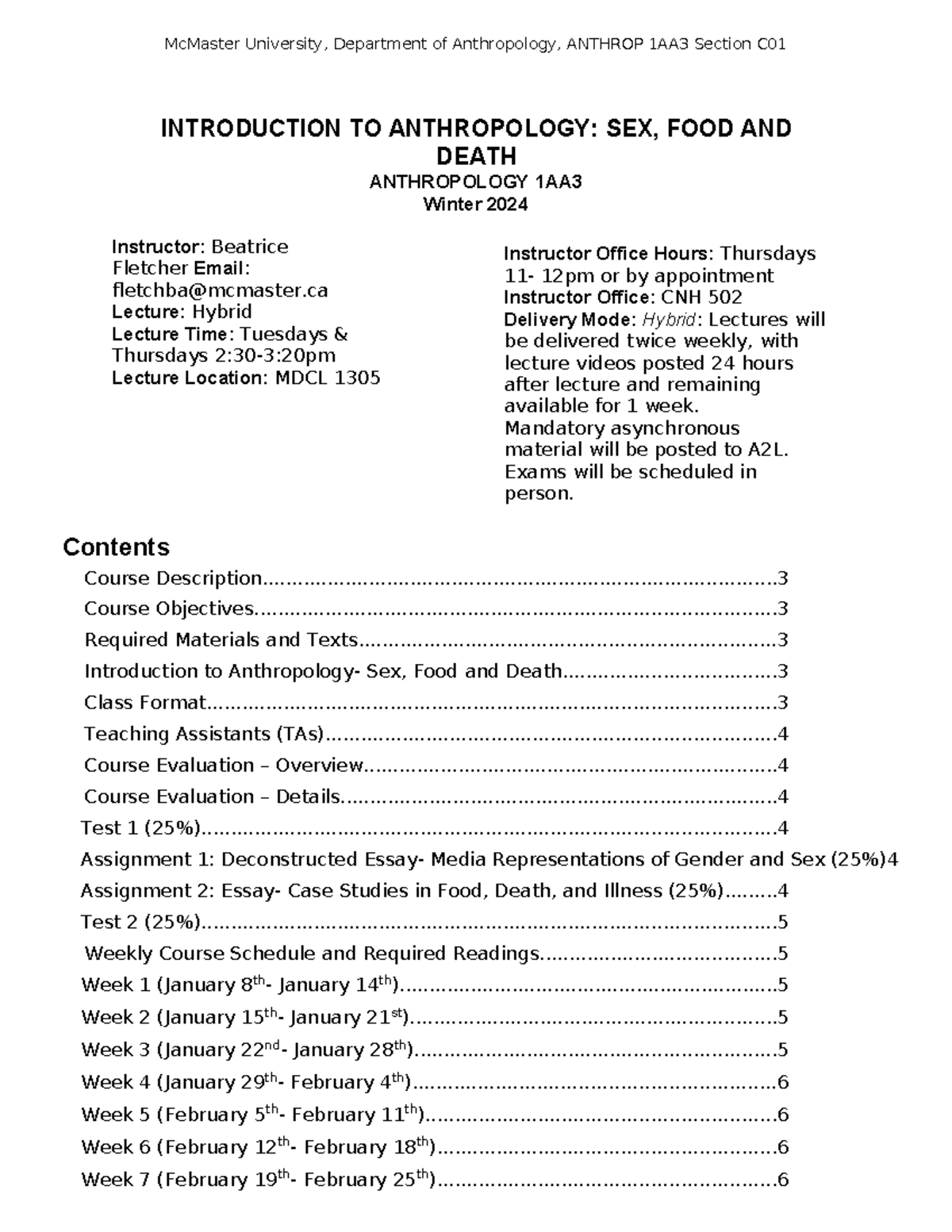 ANTHROP 1AA3 Winter 2024 Syllabus: Introduction to Anthropology - Studocu