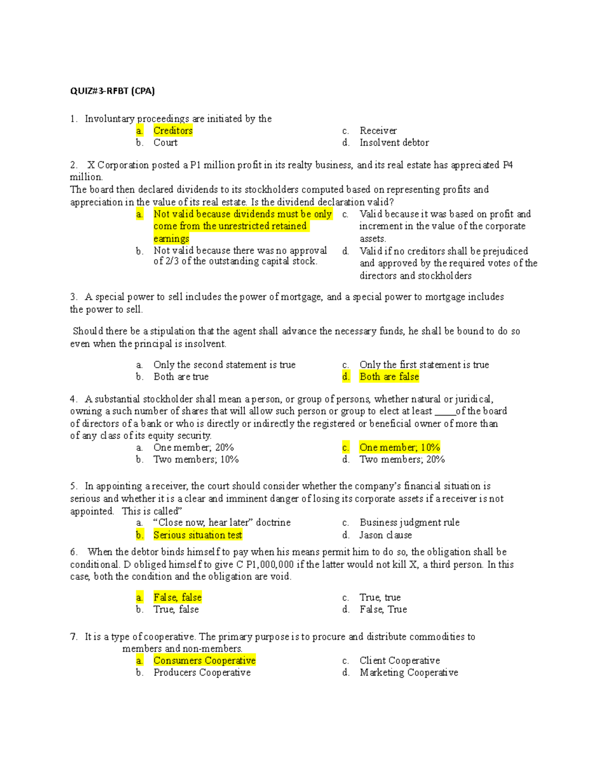 RFBT with answers - QUIZ#3-RFBT (CPA) Involuntary proceedings are ...