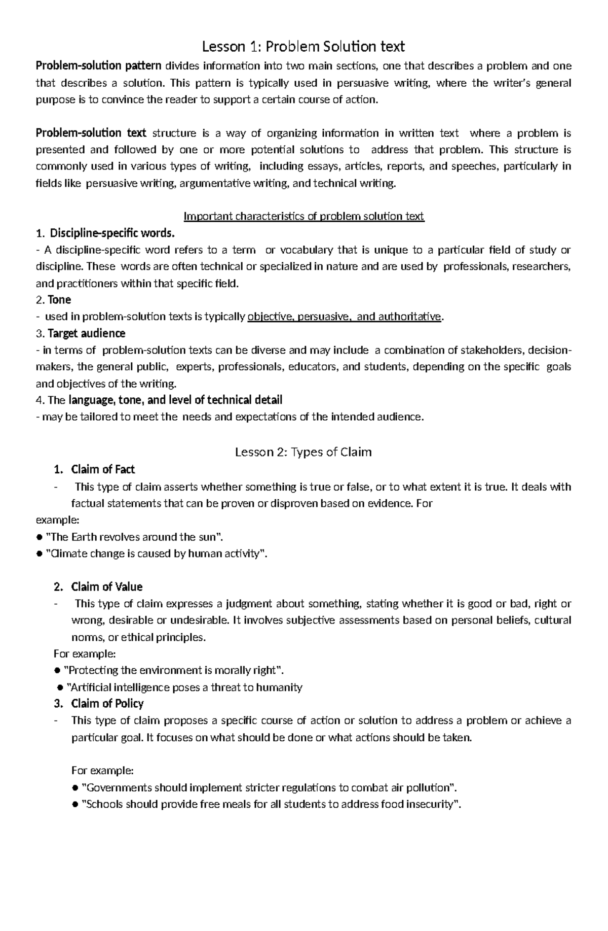 Lesson 1: Understanding Problem-Solution Text Structure - Studocu