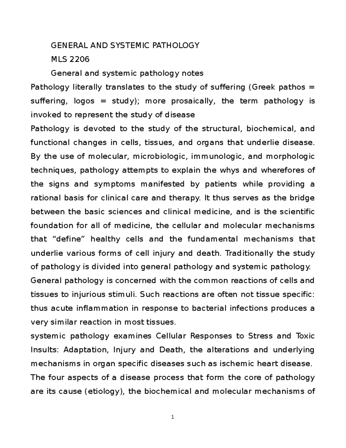 MLS 2206 General and Systemic Pathology Lecture Notes - Studocu
