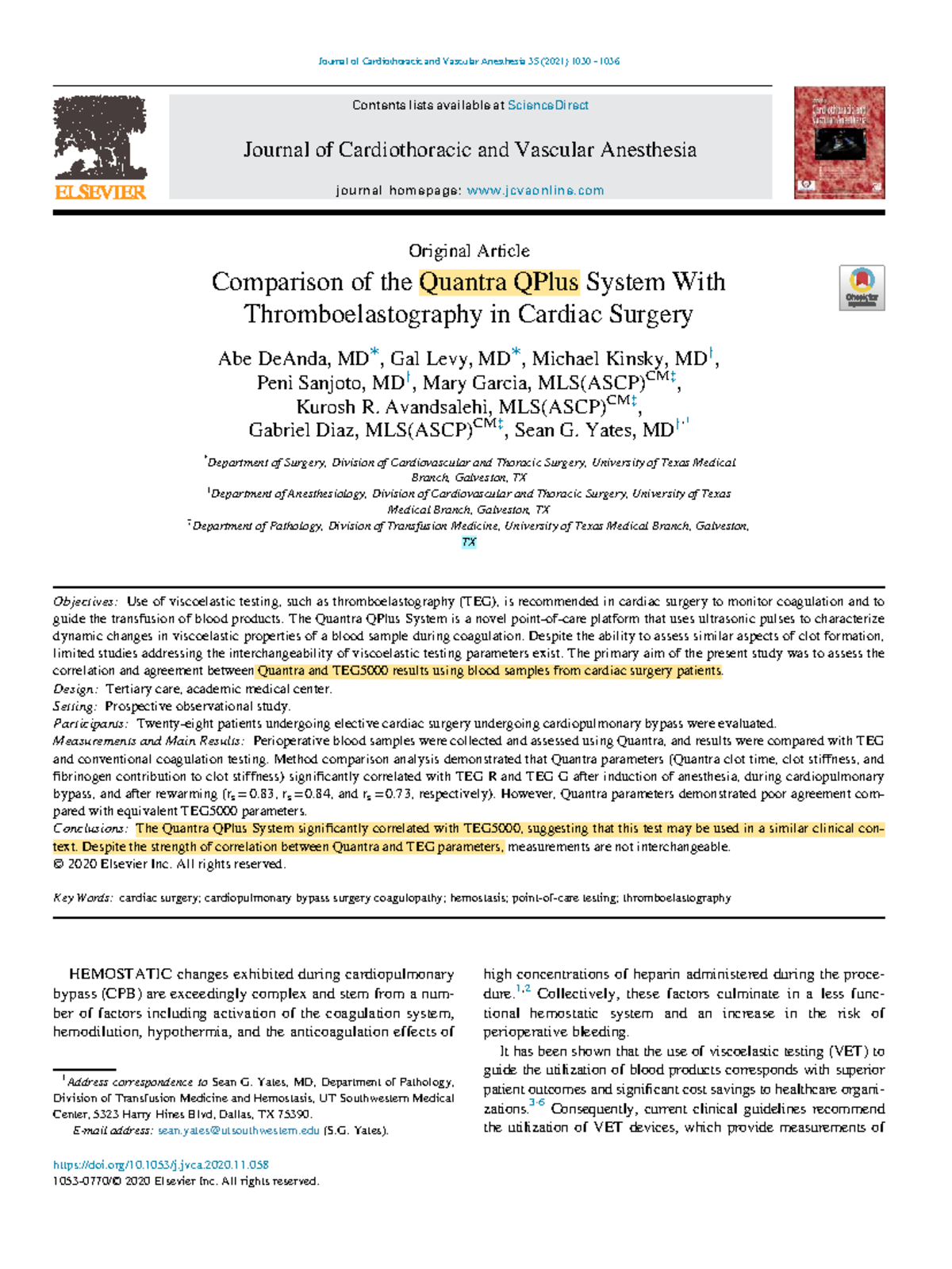 Comparison of Quantra QPlus and TEG5000 in Cardiac Surgery Coagulation ...