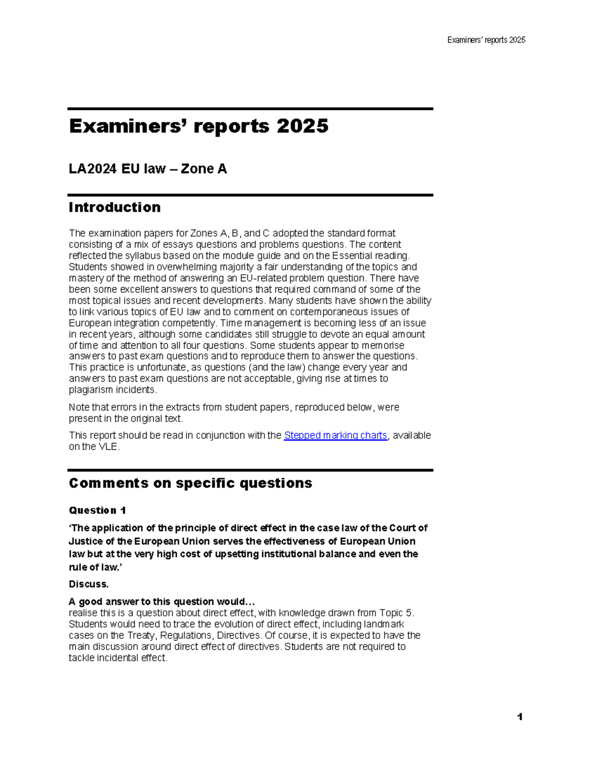 EU Law Report 2025: Insights on Zones A, B, and C Exam Papers - Studocu
