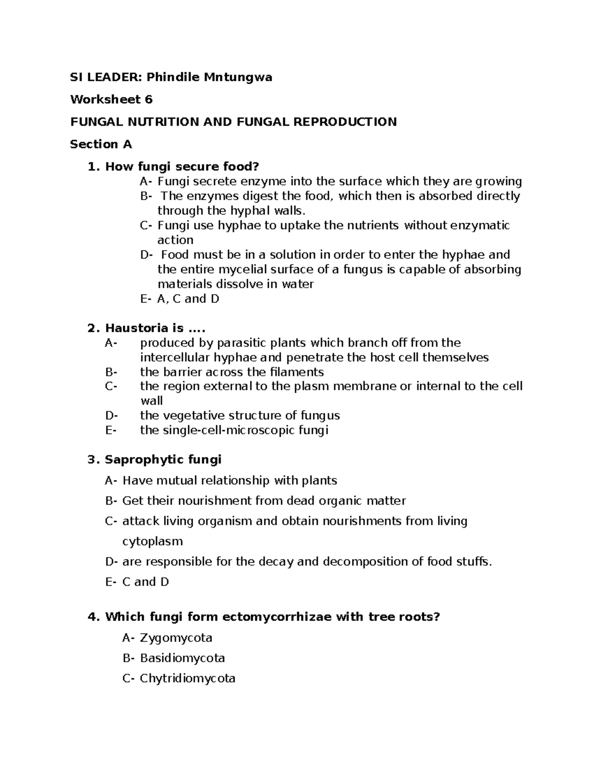 SI LEADER: Phindile Mntungwa Worksheet 6 - Fungal Nutrition ...