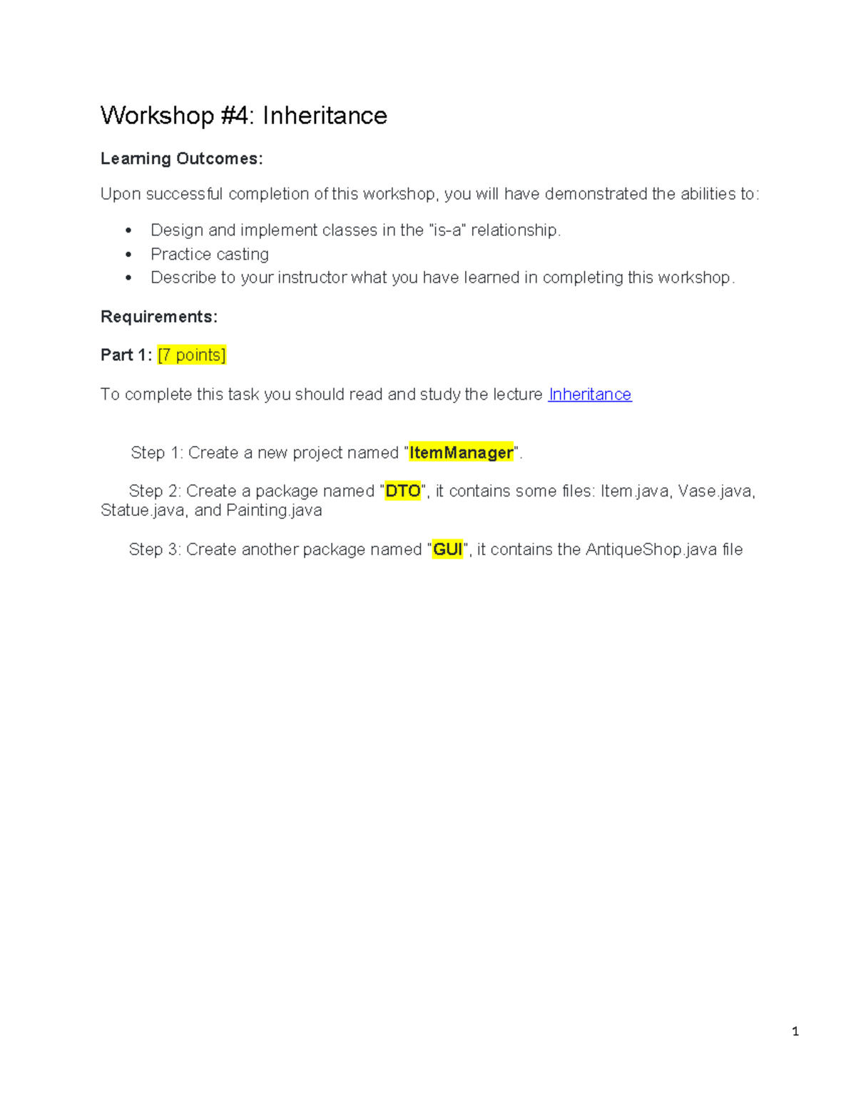 Workshop on Inheritance: Learning Outcomes & Class Implementation (A234) - Studocu