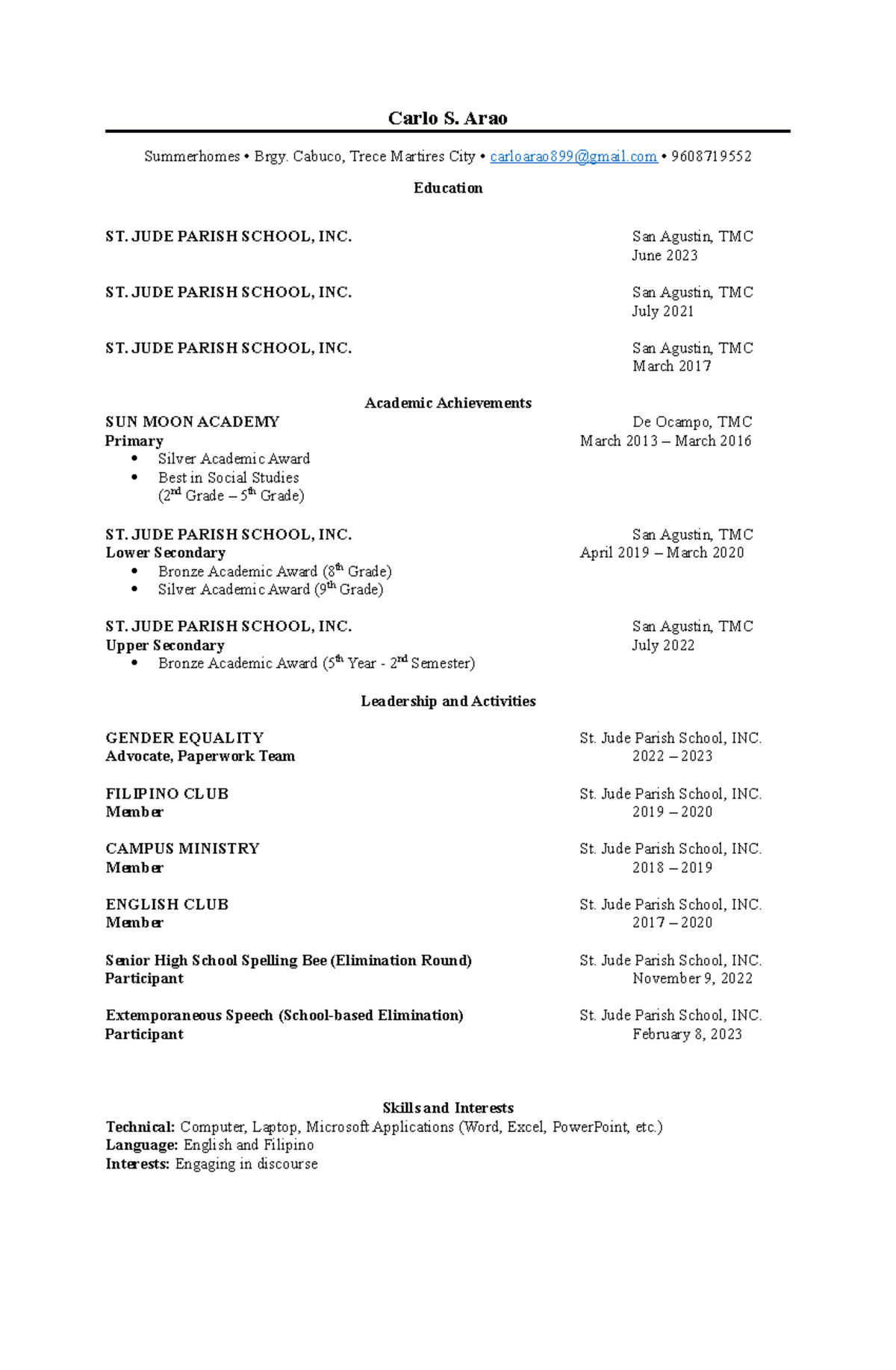 Resume for Work Immersion 12: Carlo S. Arao's Profile and Achievements ...