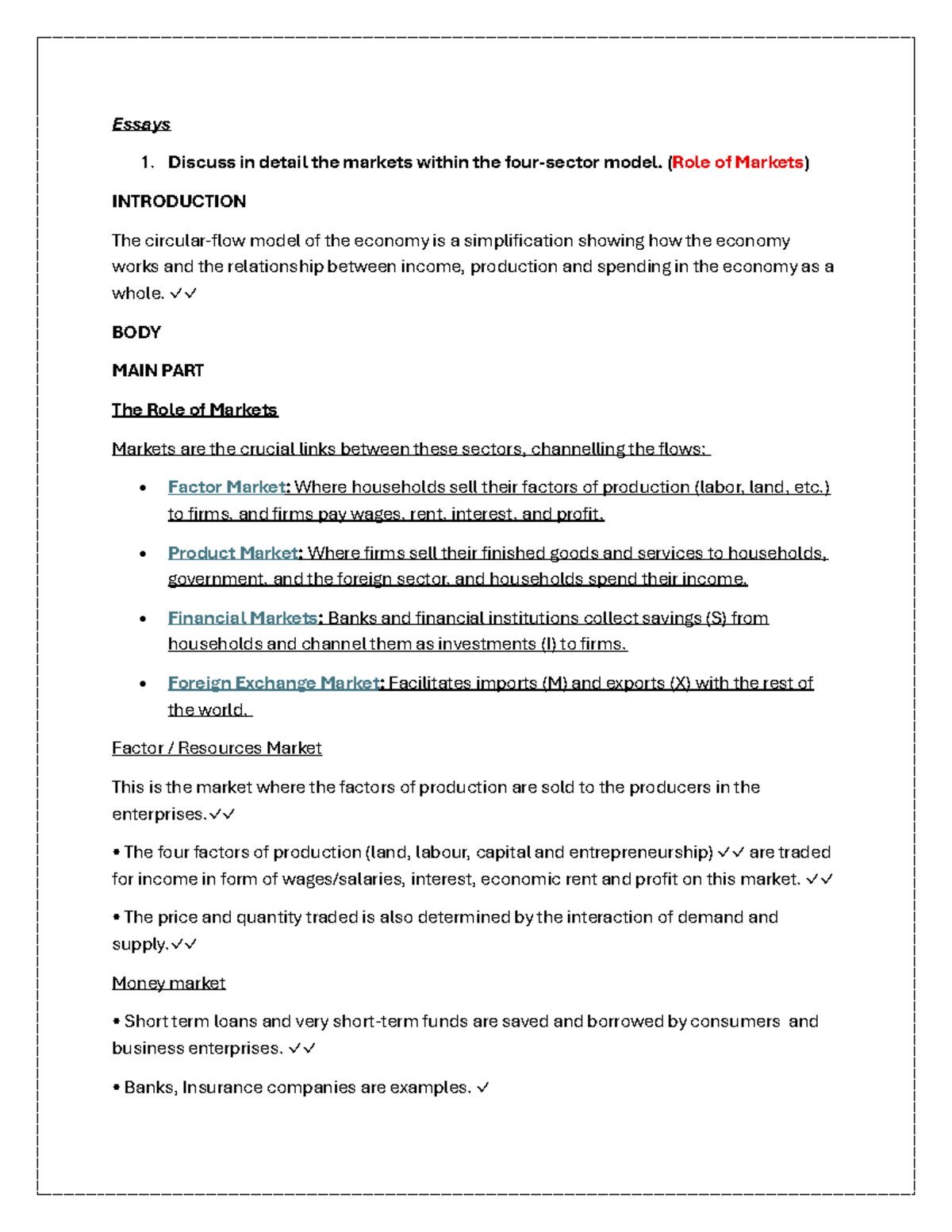 Grade 12 Economics Essays: The Role of Markets in Economic Models - Studocu