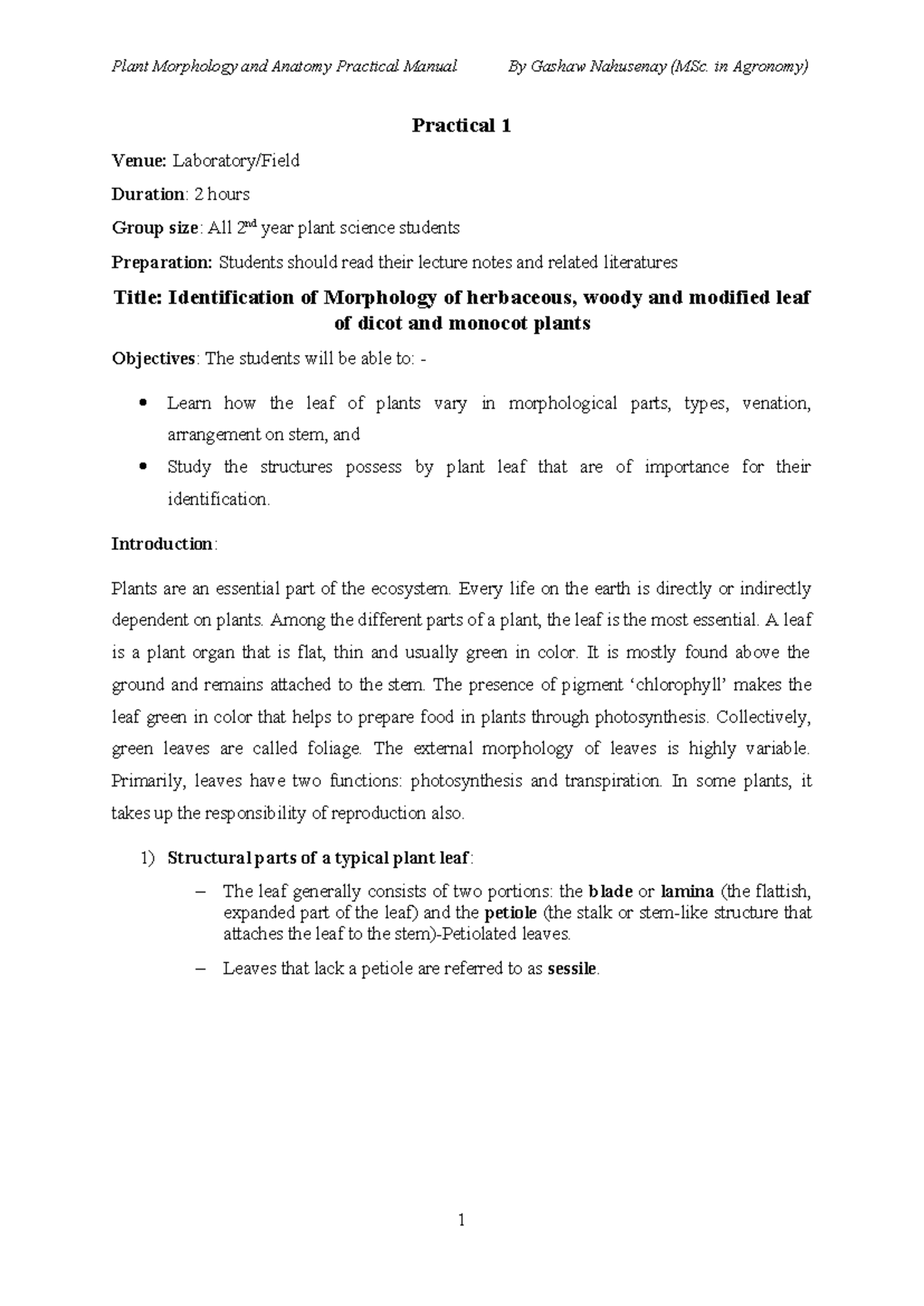 Morphology and Anatomy - Practical 1 Venue: Laboratory/Field Duration ...