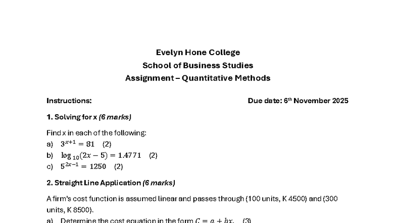Quantitative Methods Assignment - Evelyn Hone College BS 2025 - Studocu